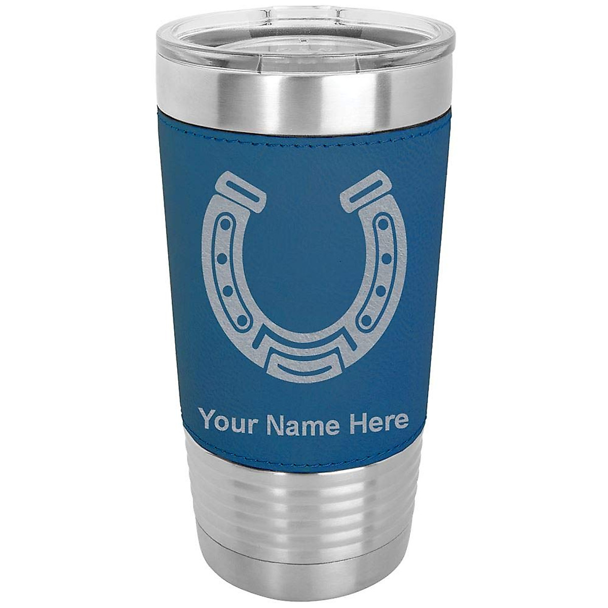LaserGram 20oz Vacuum Insulated Tumbler Mug, Horseshoe Plain, Personalized Engraving Included (Faux Leather, Blue)