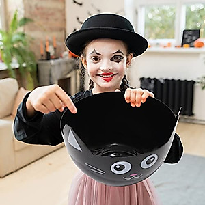 Zcaukya Halloween Party Supplies, Set of 3 Halloween Plastic Trick Treat Candy Bowls, Large Halloween Candy Holders, Cat Shaped Plastic Serving Bowl in Orange Purple Black for Halloween Parties