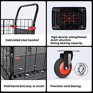 Folding Platform Carts with Wheels,Folding Mesh Cage cart with Detachable Collapsible Fence,Portable Handling Platform Dolly Cart for Luggage,Material Transport Truck ,Load 330LB
