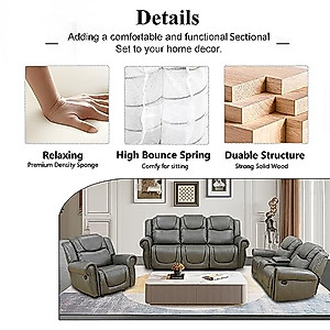GEBADOL Manual Leather Recliner Sofa Set,Living Room Furniture Set, Leather Couch Set with Storage Console & Cup Holder for Living Room/Apartment(Sofa&Loveseat,2 Pieces,Leather Sofa Set) Grey