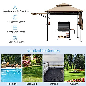 Double Tiered Grill Gazebo, 13.5 x 4 Feet Patio BBQ Grill Gazebo with Dual Side Awnings Outdoor BBQ Patio Canopy Tent (Beige)
