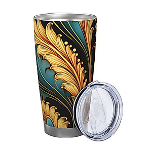 AYCZN Ethnic Peacock Feather 20 OZ Tumbler Stainless Steel Travel Coffee Mug, Mandara Flower Floral Insulated Water Bottle with Lid and 2 StrawsLeakproof Thermal Cup