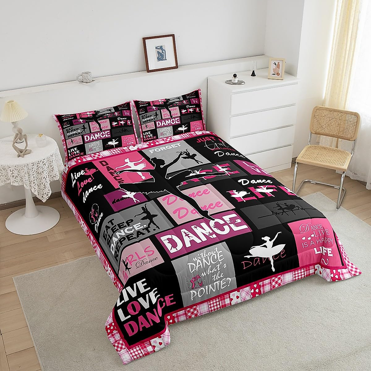 Manfei Dance Comforter Set Queen Size, Ballet Dance Theme Quilt Set with 2 Pillowcases, Ballet Princess Dancer Bedding Set 3pcs for Kids Girls Bedroom Decor, Abstract Art Duvet Insert