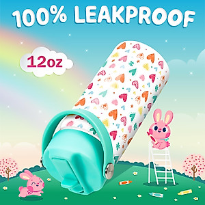 Kids Water Bottle with Straw Lid - Insulated 12 Oz Stainless Steel Water Bottles for Girls Toddlers - Heart Water Bottle Travel Cup for School Sports