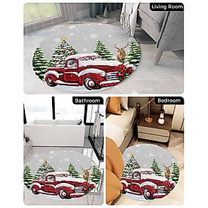 Christmas Fluffy Round Area Rug Carpets 3ft, Plush Shaggy Carpet Soft Circular Rugs, Non-Slip Fuzzy Accent Floor Mat for Living Room Bedroom Nursery Decor Snowy Red Truck Forest Winter Elk Tree Grey
