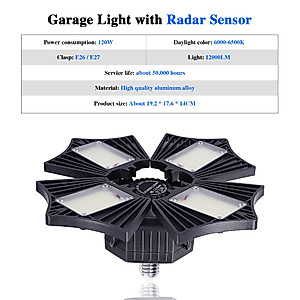 REEXBON Garage Lights Motion Sensor LED Shop Light 120W 12000LM Ceiling Light Deformable Barn Lights High Bay Light with 4 Adjustable Panels for Garage,Warehouse,Workshop,Attic,Basement