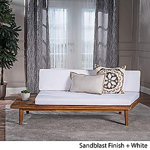 Christopher Knight Home Eulah Indoor Minimalist Acacia Wood Left-Sided Sofa with White Cushions, Sandblast Finish / White