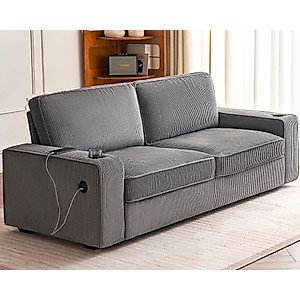 AMERLIFE Couch, 89 inch Sofa Couch- Deep Seat Sofa with 2 USB Charging Ports & 2 Cup Holders, 3 Seater Couch with Grey Corduroy, Modern Sofas for Living Room