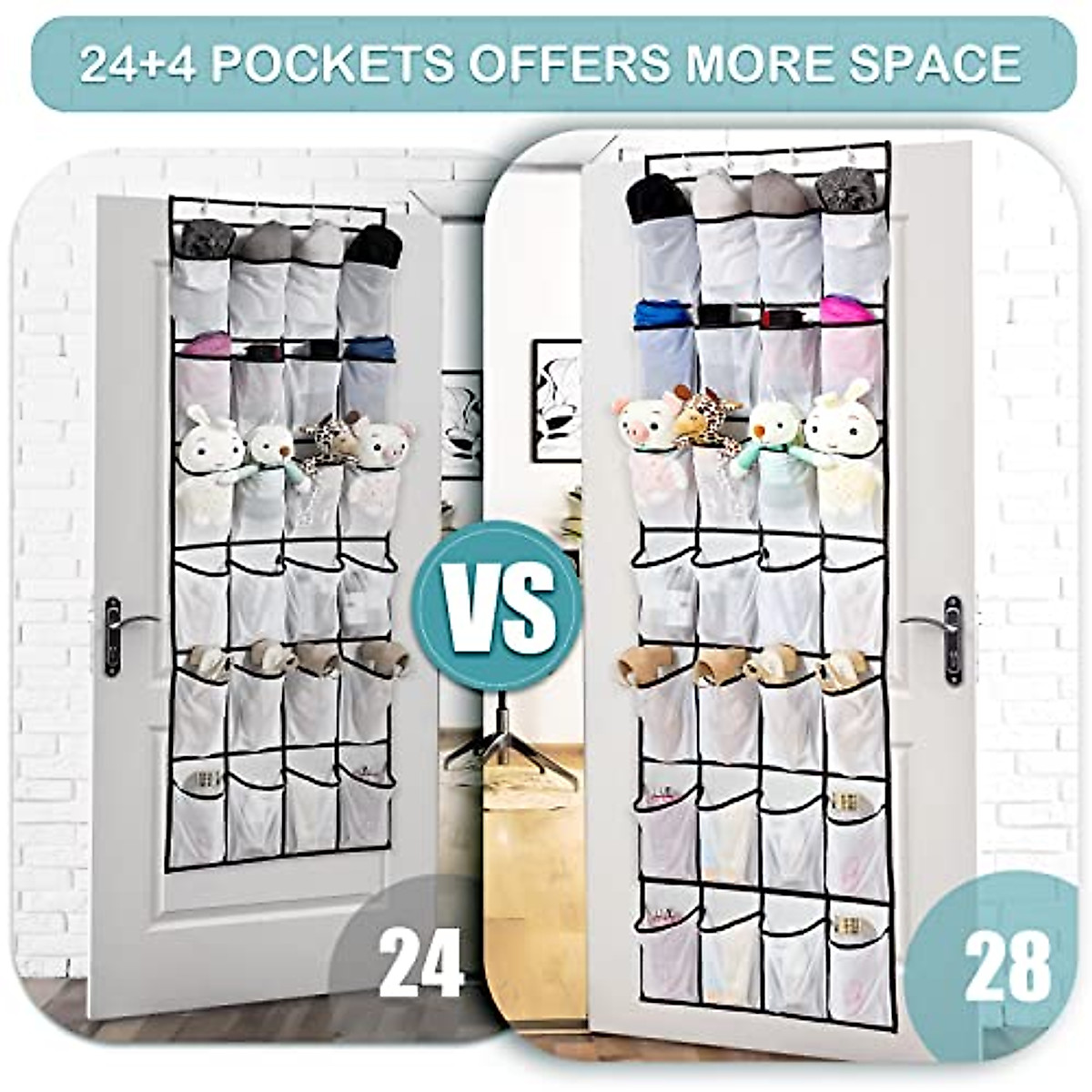 Shappy 4 Pack Over The Door Shoe Organizer 28 Large Mesh Pockets Shoe Rack Over Door Hanging Shoe Rack Organizer Holder Door Shoe Rack Hanging for Closet with 16 Metal Hooks for Men Women Kids, White