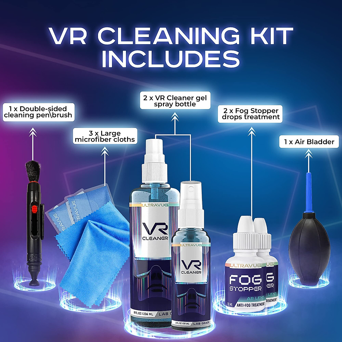 UltraVue VR Cleaning Kit and Anti-Fog Treatment - Includes VR Cleaner Gel Sprays, Microfiber Cloths, Anti Fog Drop Treatments, Brush and Air Bladder with Precision Nozzle