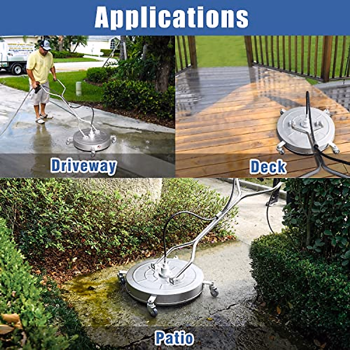 JANZ 24" Pressure Washer Surface Cleaner with 4 Wheels,Dual Handle,Stainless Steel Housing, 4 Replacement Nozzle Cores and 2 Hose Adapters,Ideal for Driveways, Sidewalks,Patios,Decks Cleaning