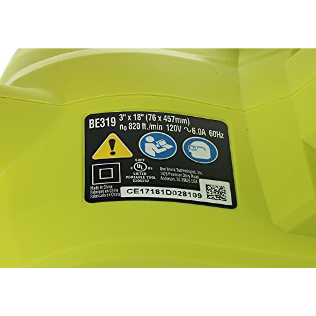 Ryobi BE319 6 Amp Portable 320 Feet / Minute Corded Belt Sander (3” x 18”) w/ Onboard Removable Dust Bag (Medium Grit Sanding Belt Included)