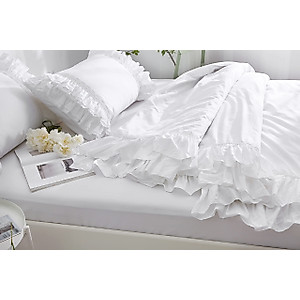 Meaning4 White Twin Duvet Cover with Ruffles and Lace Quilt Cover Egypt Cotton 68x90 Inch 1 Pieces Solid (Not Include Pillowcases and Insert)