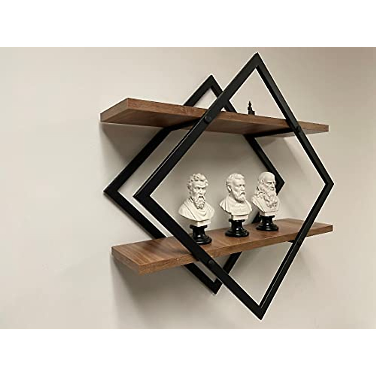 Diamond Shape Metal Frame Wall Mount Rustic Shelf. Mid Century Modern 2 Tier Wall Shelf