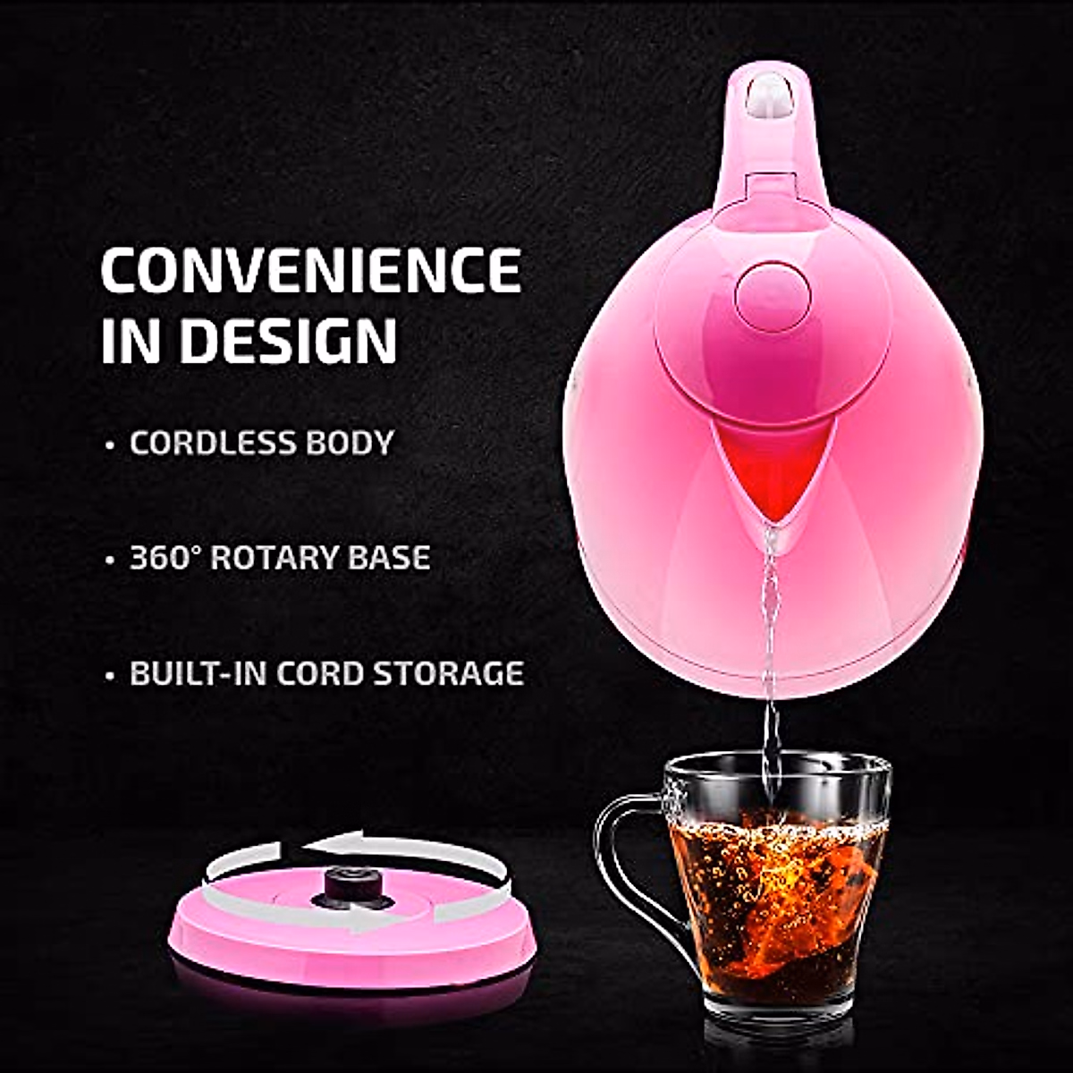Ovente Electric Kettle 1.7 Liter Cordless Hot Water Boiler, 1100W with Automatic Shut-Off and Boil Dry Protection, Fast Boiling BPA-Free Portable Instant Heater for Making Tea, Coffee, Pink KP72P