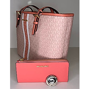 Michael Kors Jet Set Travel MD Carryall Tote bundled with Large Continental Wristlet Wallet Purse Hook (Signature MK Sherbert/Grapefruit)