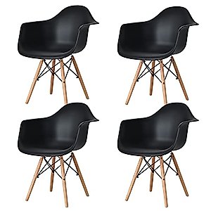 KOTEK Dining Chairs Set of 4, Mid Century Modern DSW Arm Chair w/Solid Wood Legs & Soft Cushion, Plastic Shell Side Chairs for Dining Room, Living Room, Kitchen (Black)