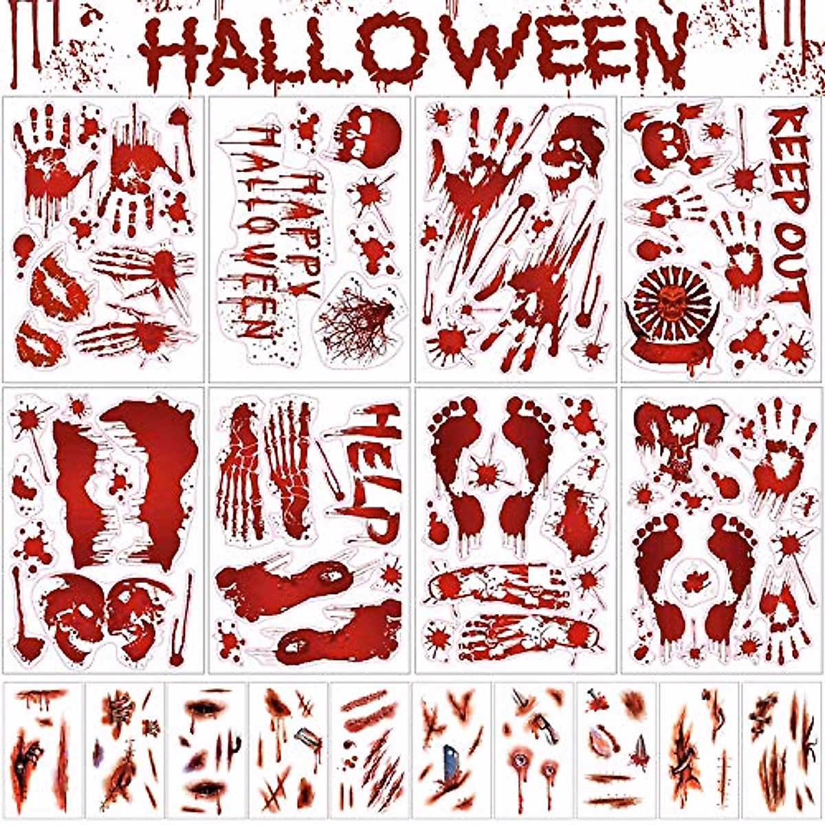 144pcs Halloween Stickers Bloody Handprint Footprint Window Decals Wall Stickers Face Tattoo 3D Zombie Scar Fake Wound Cosplay Makeup Party Decorations Waterproof for Women Men Kids
