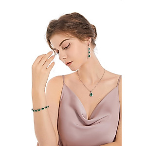 LMXXVJ Created Teardrop Green Emerald Jewelry Set for Women,White Gold Plated Long Earring Necklace Bracelet Elegant Set for Women/Mom/Wife/Sister/Bridesmaid Gift