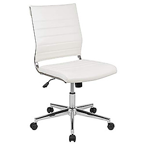 Merrick Lane Corrina White Ergonomic Swivel Office Chair Ribbed Faux Leather Back and Seat Mid-Back Armless Computer Desk Chair with Chrome Base