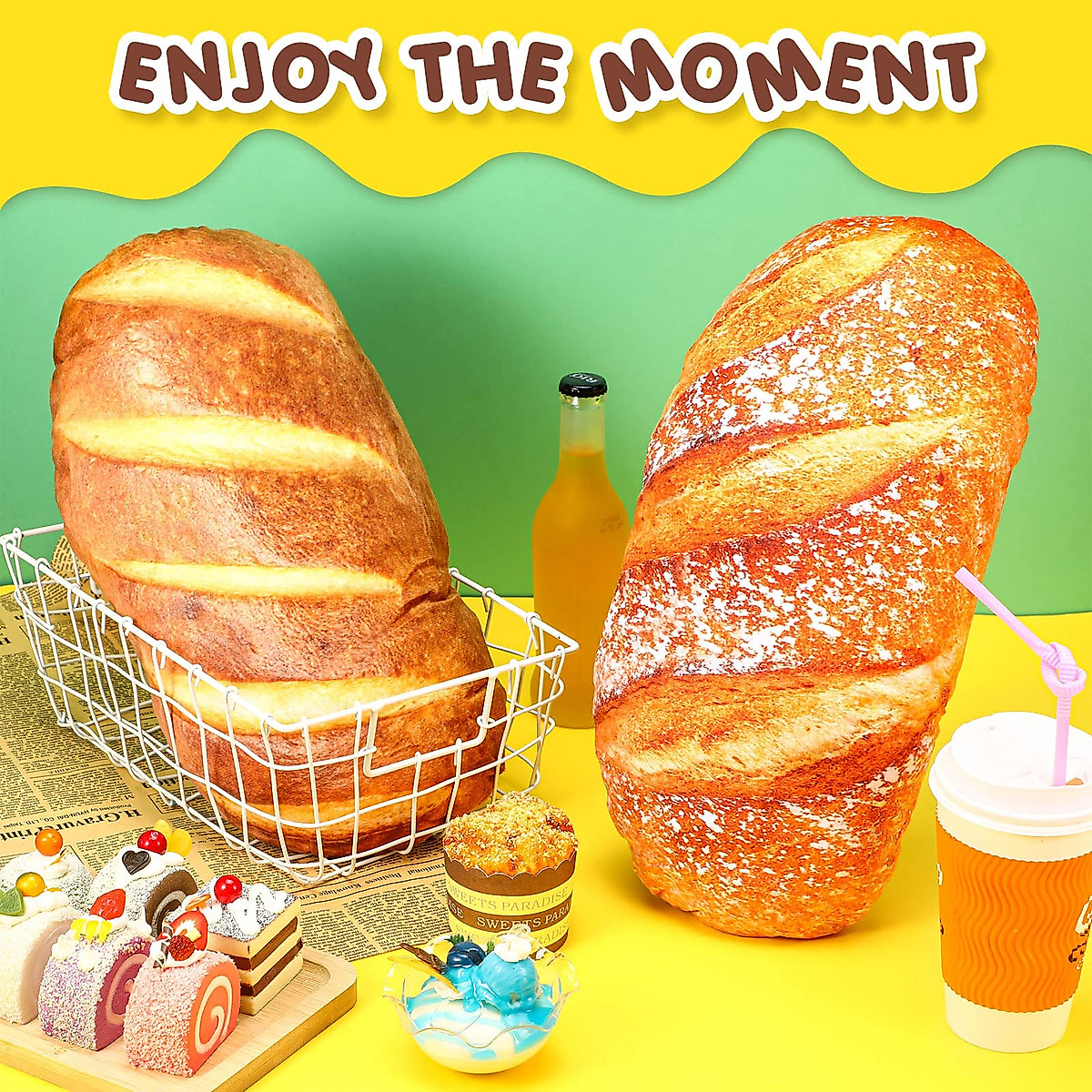 Yookeer 2 Pieces Jumbo 3D Simulation Bread Shape Pillow 16 Inch Butter Soft Lumbar Back Cushion Giant Bread Pillow Loaf Cute Food Plush Pillow Stuffed Food Pillows for Home Decor Office Decoration