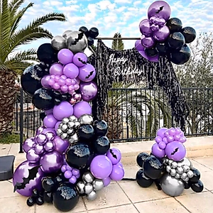 50Pcs Purple and Black Balloons, 12inch Purple Metallic Silver Black Balloons Purple Confetti Balloons with Ribbons for Halloween Decorations Birthday Party Anniversary Graduation Decoration