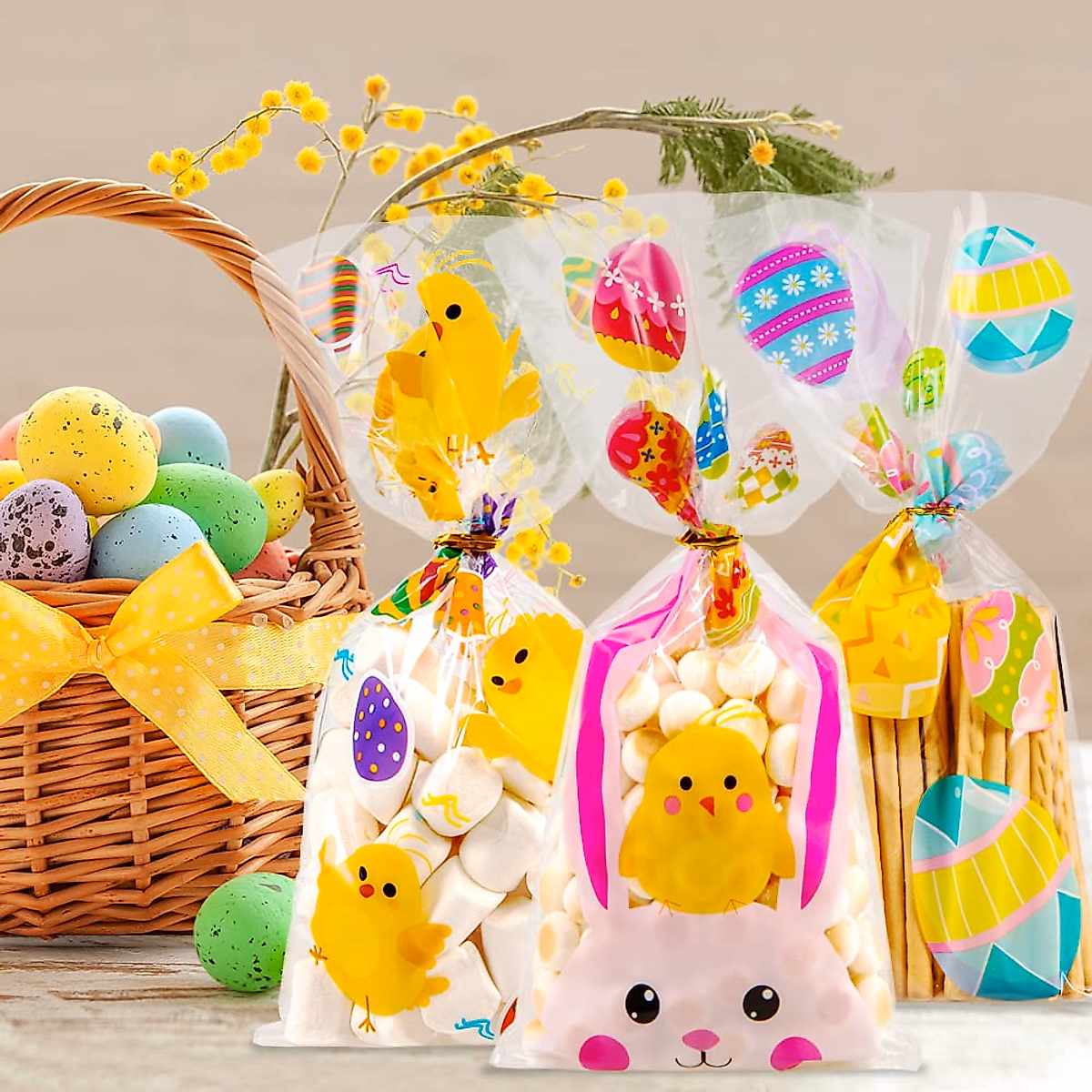 Labeol 150pcs Cellophane Bags 5X11 Easter Treat Bags with Ties Goodie Bags Clear Gift Bags for Candy Cookie Party Favor Birthday Baby Shower