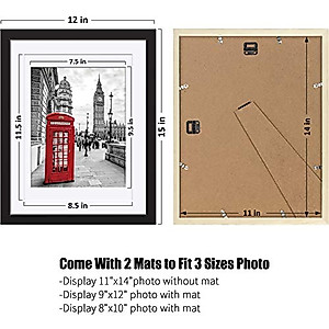 11x14 Picture Frames Black Solid Wood - Matted to Display Pictures 9x12 or 8x10 or 11x14 Frame without Mat - Wooden Photo Frame 11x14 inch Black with 2 Mats for Wall Mounting or Table Top, 2 Set