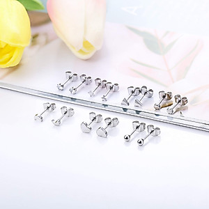 Sllaiss 7 Pairs Tiny Geometric Stud Earrings Set Stainless Steel CZ Ball Heart Star Cartilage Earrings Studs for Women Helix Ear Piercing Set With Gift Box