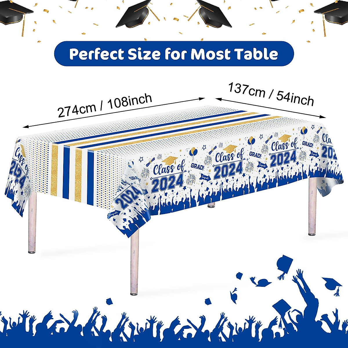 Graduation Decorations Class of 2024 Tablecloth - 3 Pcs Plastic Congrats Grad Table Cloth, Graduation Table Cover for Graduation Party Decorations 2024 and Party Supplies, 54"x108" (Blue and Gold)