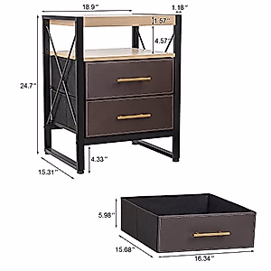 GAJUST Versatile Bedside Table with 2 Drawers and Adjustable Legs, Removable Fabric Bins, Gold Pull Handle, Sturdy Iron Frame, Wood Top, 2-Shelf Design