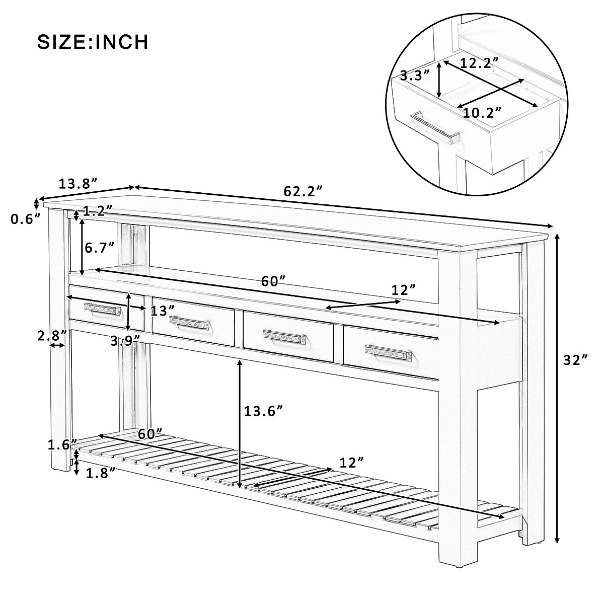 HZXINKEDZSW Vintage Multifunction Console Table,62.2'' Modern Sofa Table with 4 Drawers and 2 Storage Shelves,Wooden Buffet Sideboard for Hallway,Entryway,Bedroom,Living Room (Navy Blue+ 4 Drawers)