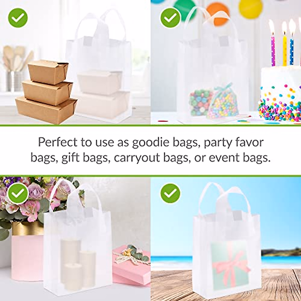 Prime Line Packaging - 8x4x10 Inch 100 Pack Plastic Bags with Handles, Small Gift Bags, Shopping Bags for Small Business, Clear Frosted White in Bulk for Boutiques, Retail Stores, Gifts & Merchandise