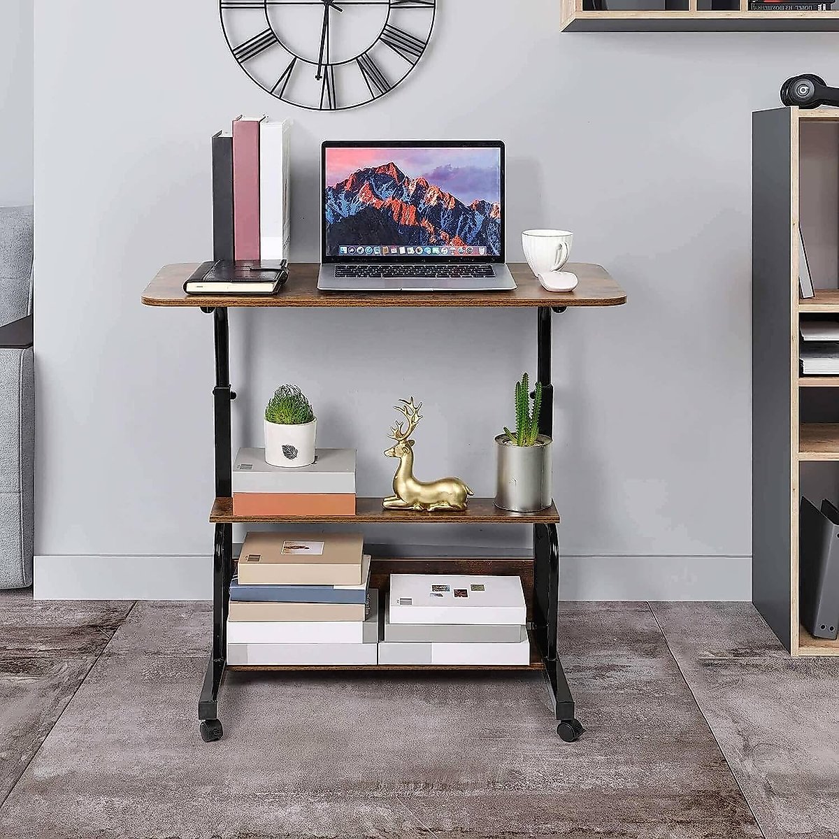 Fuwobriva Adjustable Home Office Computer Desk Writing Desk with Storage Shelves Simple Style Workstation for Home Office Small Spaces Storage Table with Wheels Mobile Convenient Brownish, XY-1