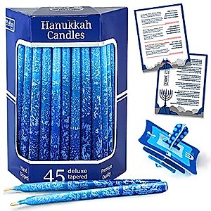 Premium Dripless Hanukkah Candles Multi Blues Frosted Thin Tapered Chanukah Candle Set of 45 Enough for Eight Nights of Hanukah Includes a DIY Dreidel, Prayer Card with Chanukah Song - Aviv Judaica
