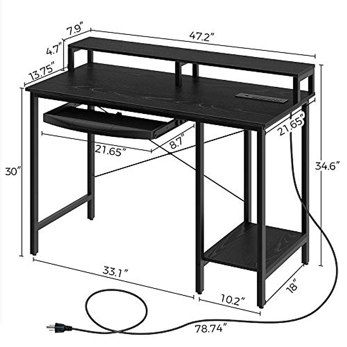 Rolanstar Computer Desk with Power Outlet and Monitor Stand Shelf, 47” Home Office PC Desk with Keyboard Tray and USB Ports Charging Station, Desktop Table, Stable Metal Frame Workstation, Black