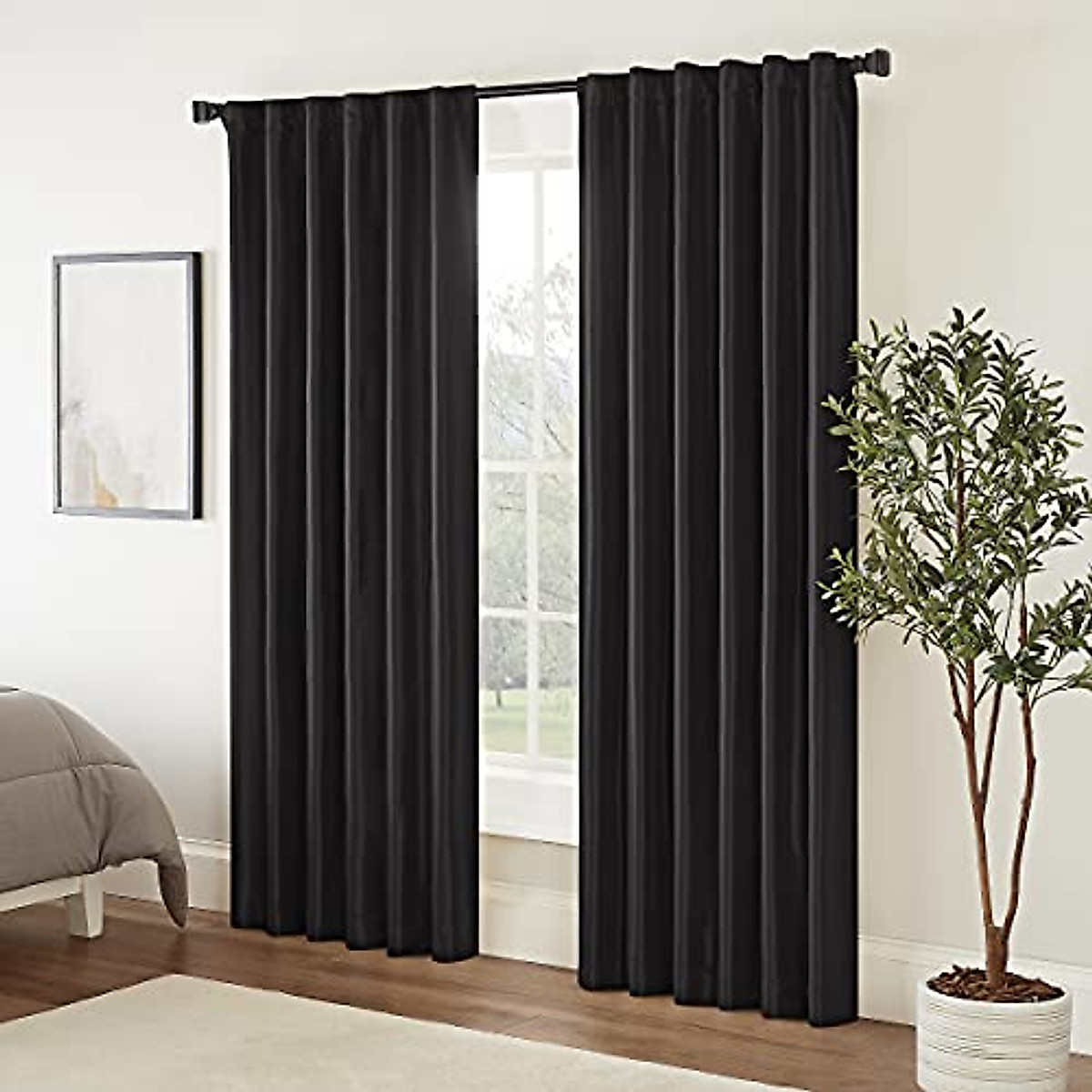 Eclipse Fresno Modern Blackout Thermal Rod Pocket Window Curtain for Bedroom (1 Panel), 52 in x 63 in, Black