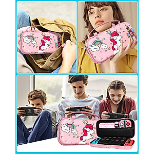 Xinocy for Nintendo Switch OLED 9 in 1 Storage Accessories Kit with Travel Carrying Case+Switch Protective Cover+Game Case Holder+Strap+Sticker+2 Joycon Shells+Thumb Caps Cute for Kids Girls-Cards