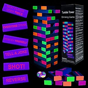 Drinking Games for Adults Party, Black Light Tumble Tower -Glowing Drinking Games Suitable for Day Or Night, 54 Blocks with Hilarious Drinking Commands, Stacking Games for adults party