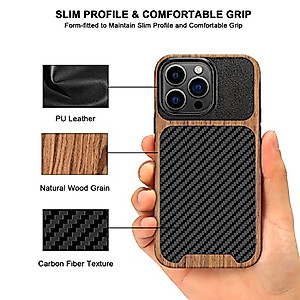 TENDLIN Magnetic Case Compatible with iPhone 14 Pro Max Case Wood Grain with Carbon Fiber Texture Design Leather Hybrid Slim Case (Compatible with MagSafe) Black