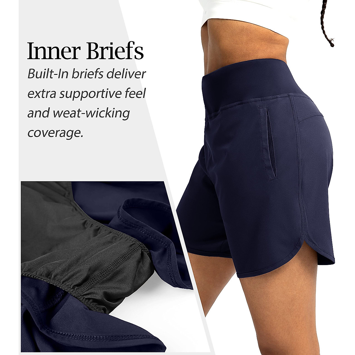 Soothfeel Women's Running Shorts with Zipper Pockets 7 Inch Long High Waisted Athletic Workout Gym Summer Shorts for Women (Navy, XXL