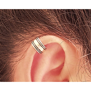 Handmade Silver 2Pcs Ear Cuffs Non-Piercing Earrings, 925 Sterling Silver, Fake Cartilage Helix Non-Pierced Ear Clip on for Women, Tiny Triple Band & Wide Band Ear Wraps, By Miya Jewelry
