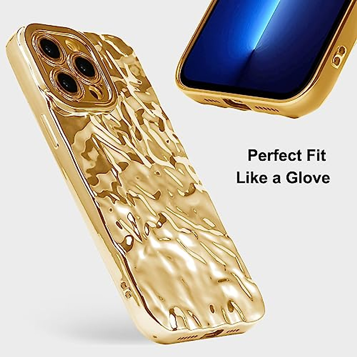 Yebowe Compatible with iPhone 13 Pro Max Case, Cute 3D Tin Foil Pleated Luxury Phone Cover for Women Girls Shiny Bling Designer Soft Silicone Case for iPhone 13 Pro Max, Gold