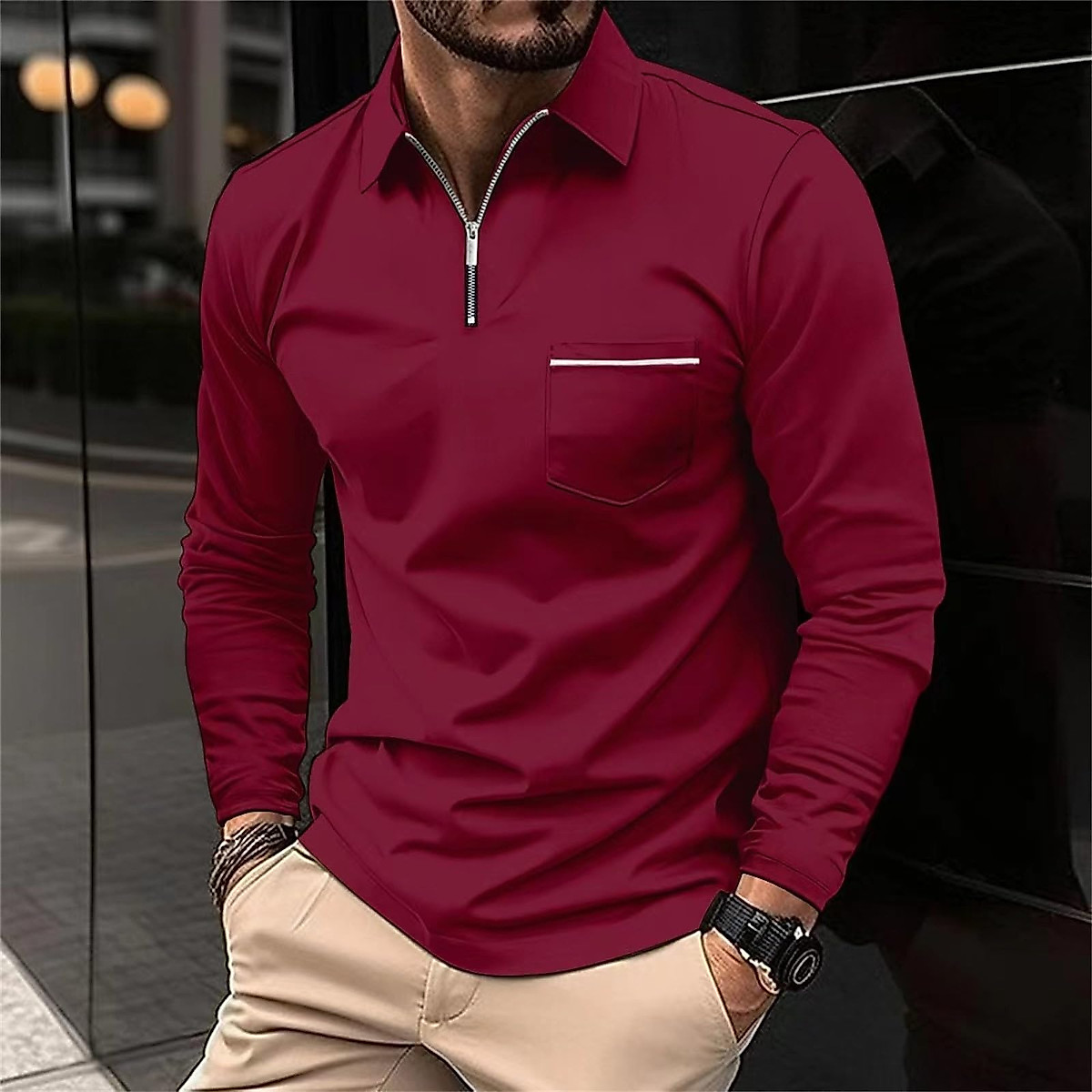Casual Quarter Zip Polo Sweater for Mens Classic Business Office Work Golf Shirt Winter Fall Slim Fit Long Sleeve Stretch Lightweight Tops with Pocket