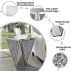 ENENE Mirrored End Table Crystal Diamond Setting Coffee Table Silver Glass Side Table Pedestal Stand for Hallway, Living Room, Corner, Bedroom, Sofa