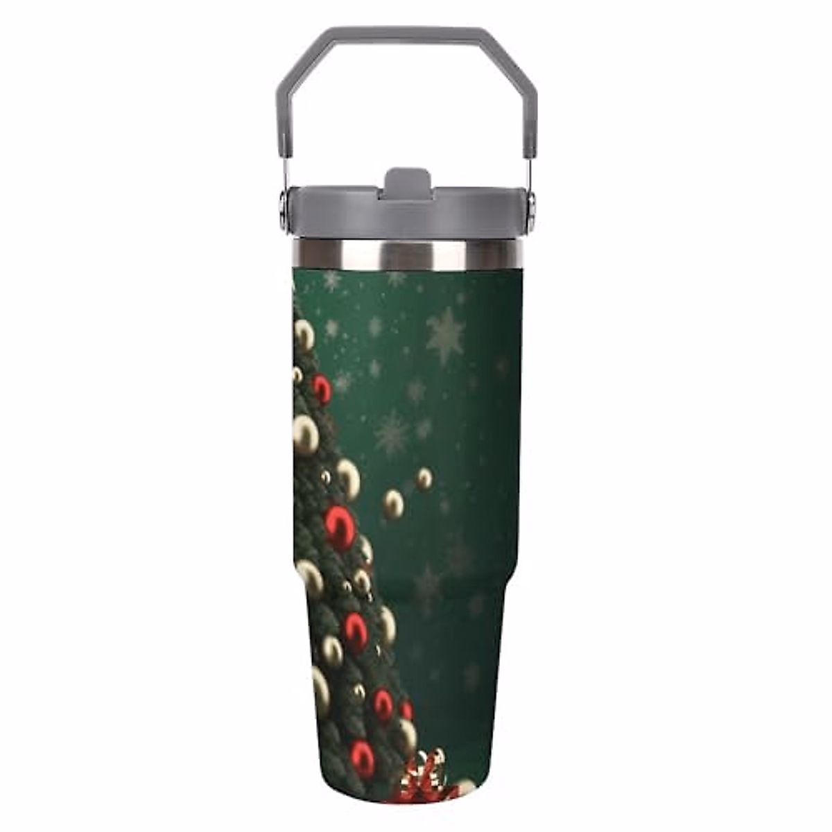 BWQJKUO Large Capacity Car Cup 30 Oz Stainless Steel Round Ball Christmas Tree Printed Travel Mug Leak-proof Flip Straw Tumbler with Handle,keeps Cold Or Ho