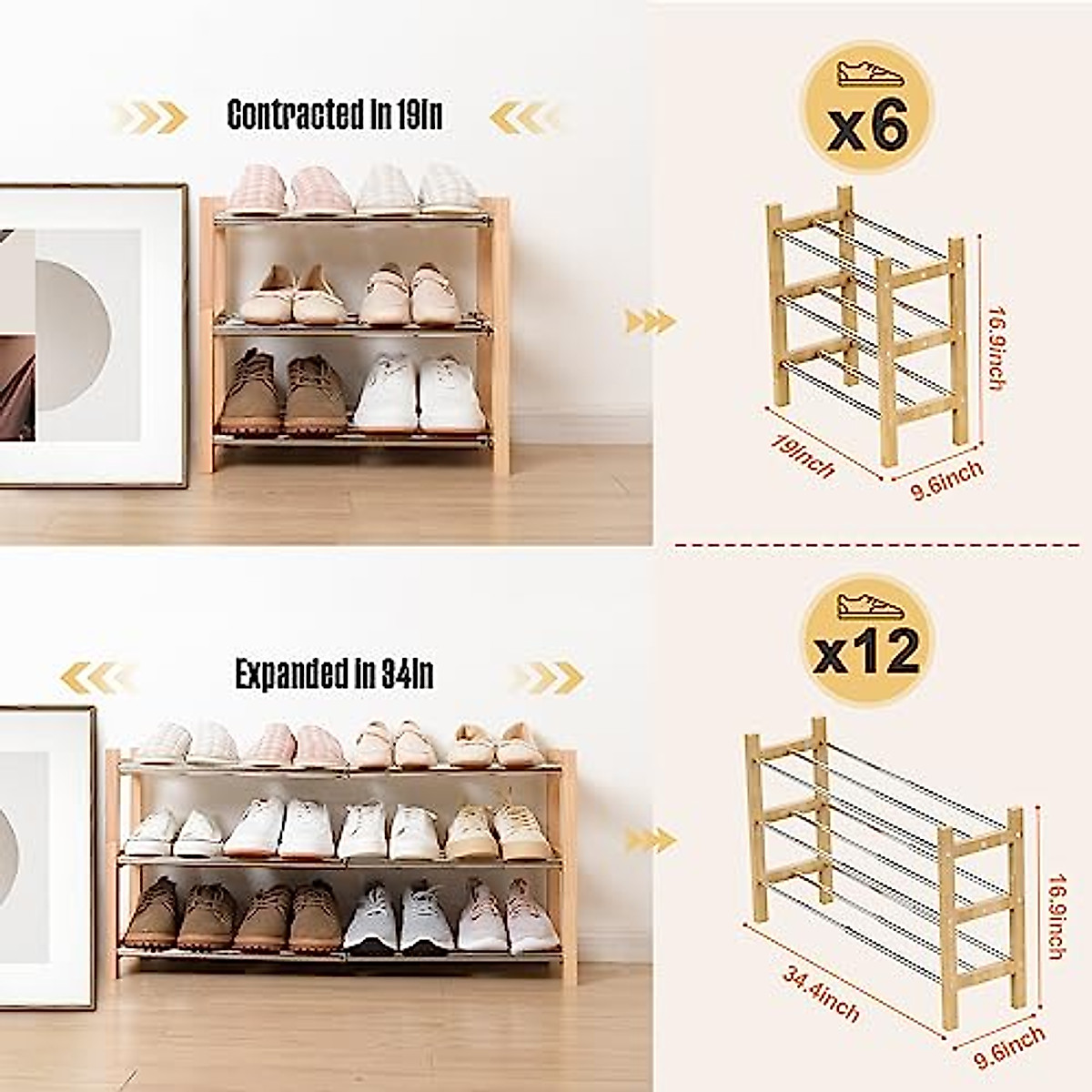 NUDUKO Expandable Shoe Rack Storage Organizer - Adjustable 3 Tier Small Shoe Rack Heavy Duty Free Wood and Metal Standing Shoe Shelf for Closet Bedroom Entryway (Natural)