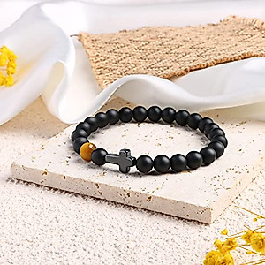 Faith Gifts for Men Unique Elastic 8mm Natural Stone Tiger Eye Bracelet Cross Charm Bracelets Pulseras Para Hombres Rosary Jesus Bracelet Best Friend Bracelet Catholic Religious Easter Gifts Nothing Will Be Impossible Matthew 17:20