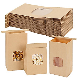 Moretoes 100pcs Small Bakery Bags with Window, Cookie Bags Pastry Bags Kraft Paper Bags, 3.54x2.36x6.7in Tin Tie Tab Bags Brown Window Bags