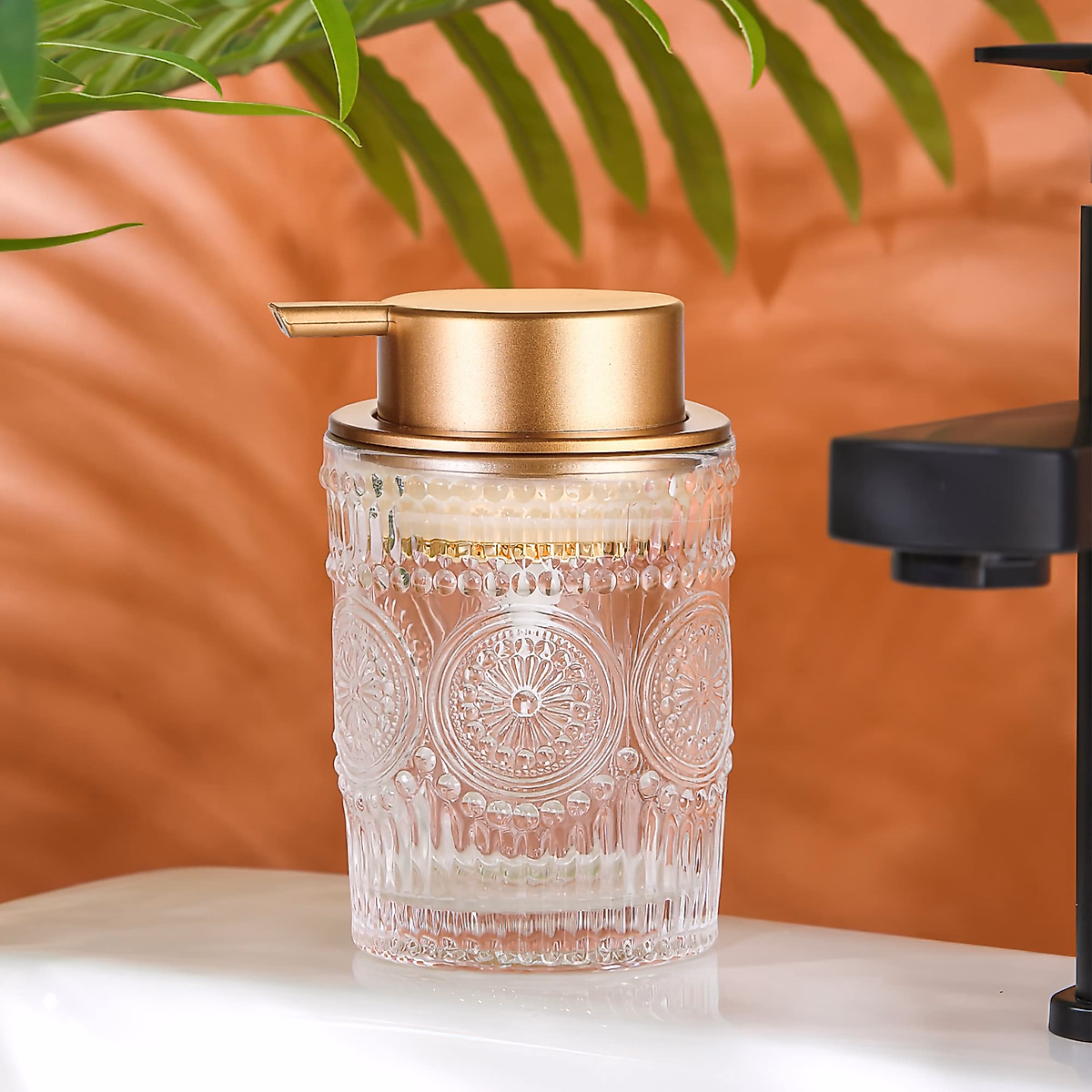 MKLZ 8 Oz Glass Foam Soap Dispenser, Clear Hand Liquid Bottles with Gold Plastic Pump, Refillable Round Foaming Lotion Dispensing for Kitchen Sink & Bathroom Counter